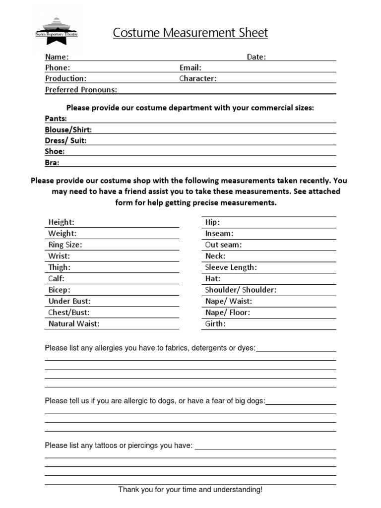 Costume Measurement Sheet Template | PDF | Self-Improvement | Wellness