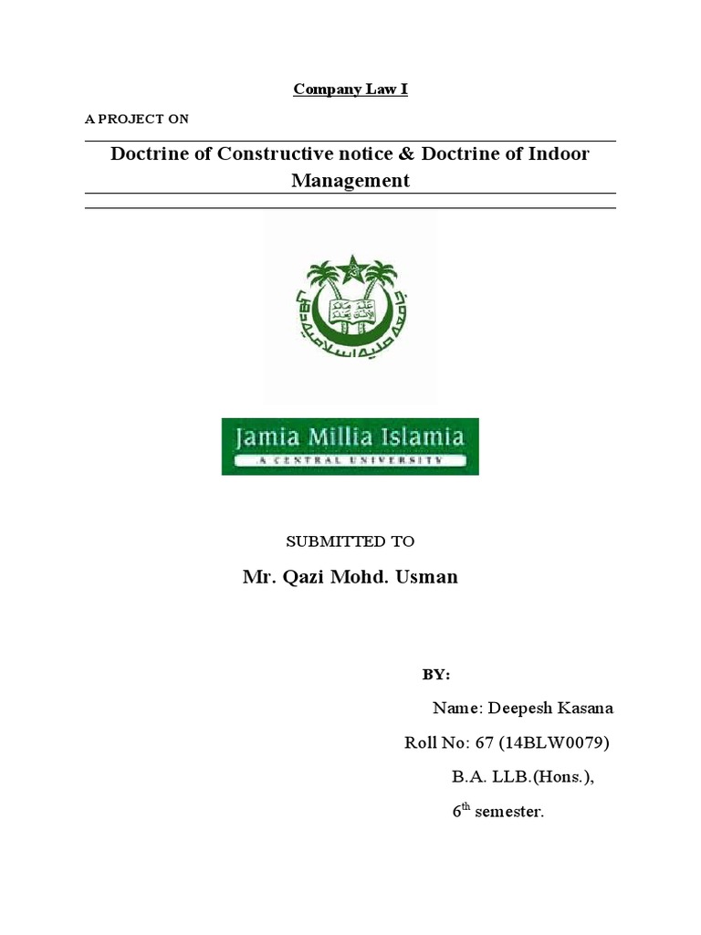 Company Law Project on Doctrine of Constructive Notice & Indoor ...