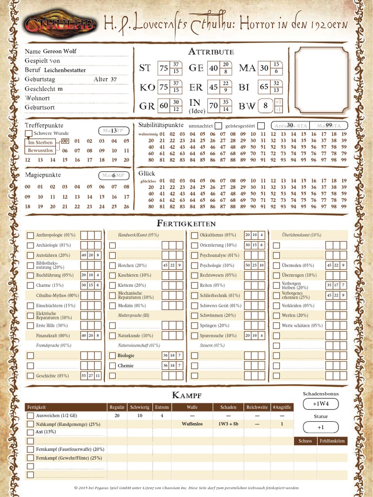 Cthulhu Charakterblatt PDF | PDF