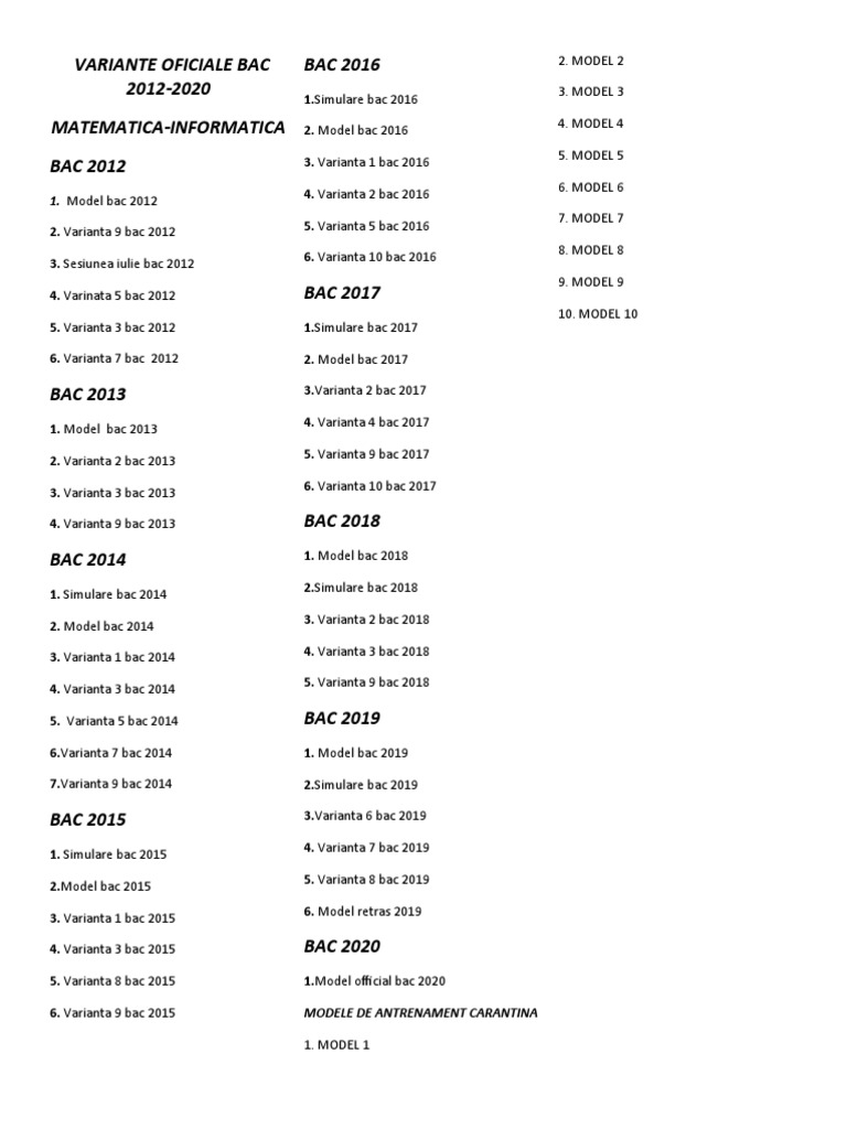 Variante Oficiale Bac 2012-2020 Matematica-Informatica BAC 2012 BAC 2016 | PDF