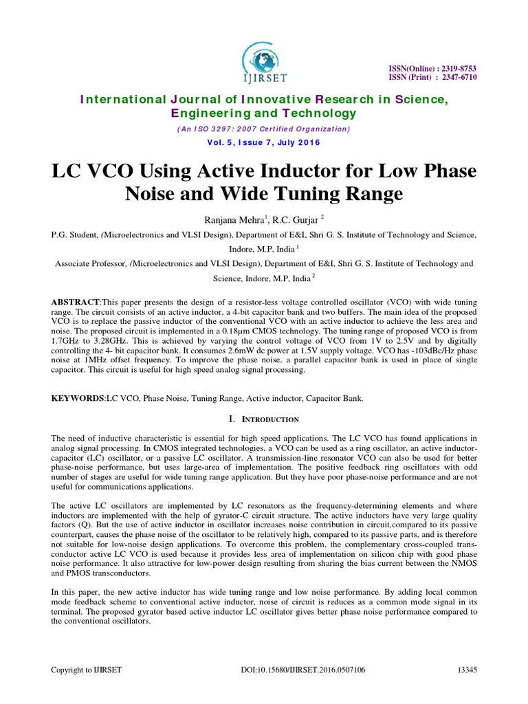 LC VCO Using Active Inductor For Low Phase Noise and Wide Tuning Range | PDF | Inductor | Resonance