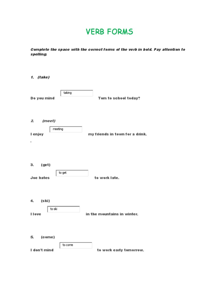 Verb Forms Exercise Worksheet | PDF