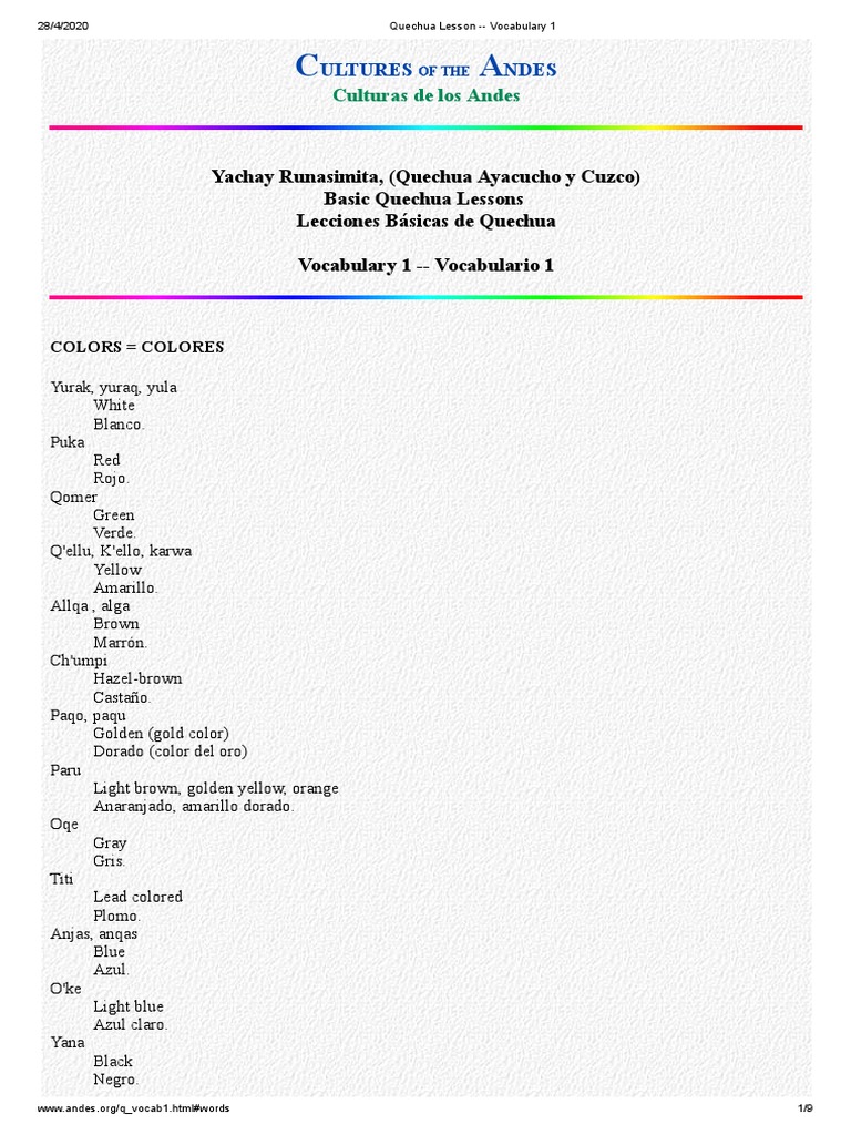 Quechua Lesson - Vocabulary 1 | PDF | Color | Light