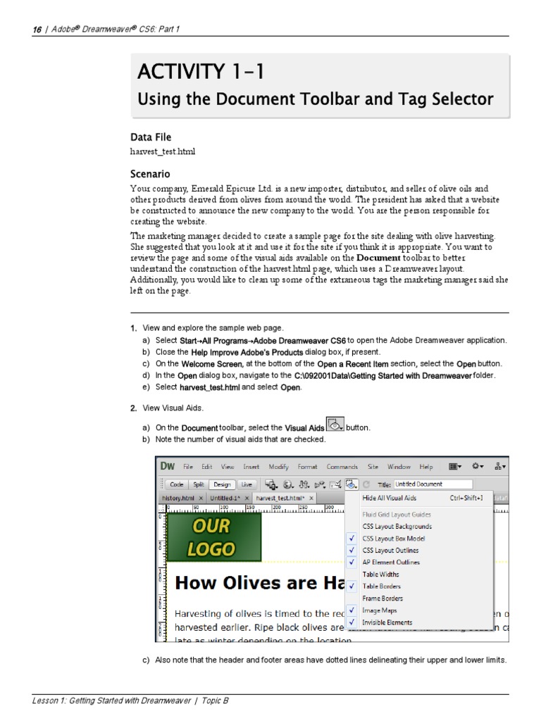 Activity 1-1: Using The Document Toolbar and Tag Selector | PDF ...