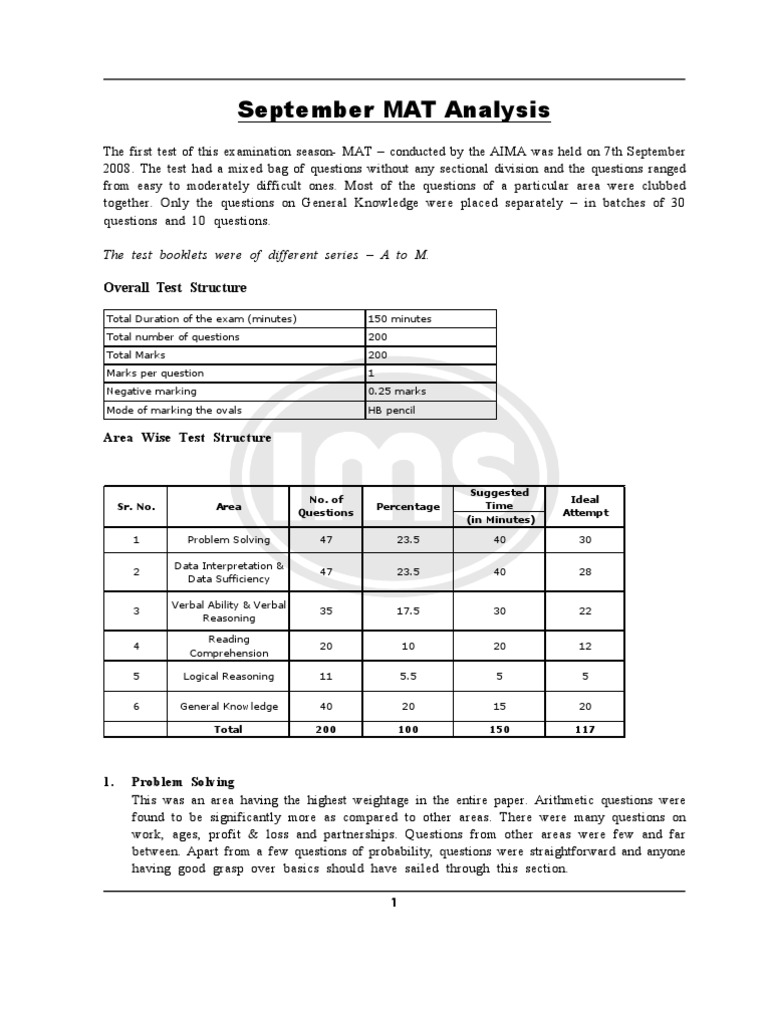 September MAT 2008 Exam Analysis | PDF | Test (Assessment) | Reason