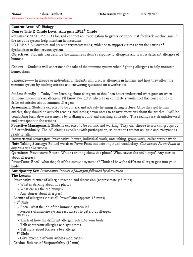 Allergens Lesson Plan | PDF | Allergen | Allergy