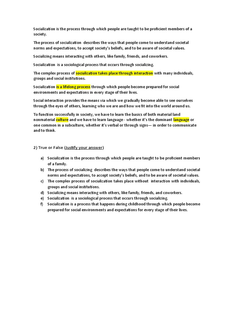 Socialization - Main Ideas Text 1 | PDF
