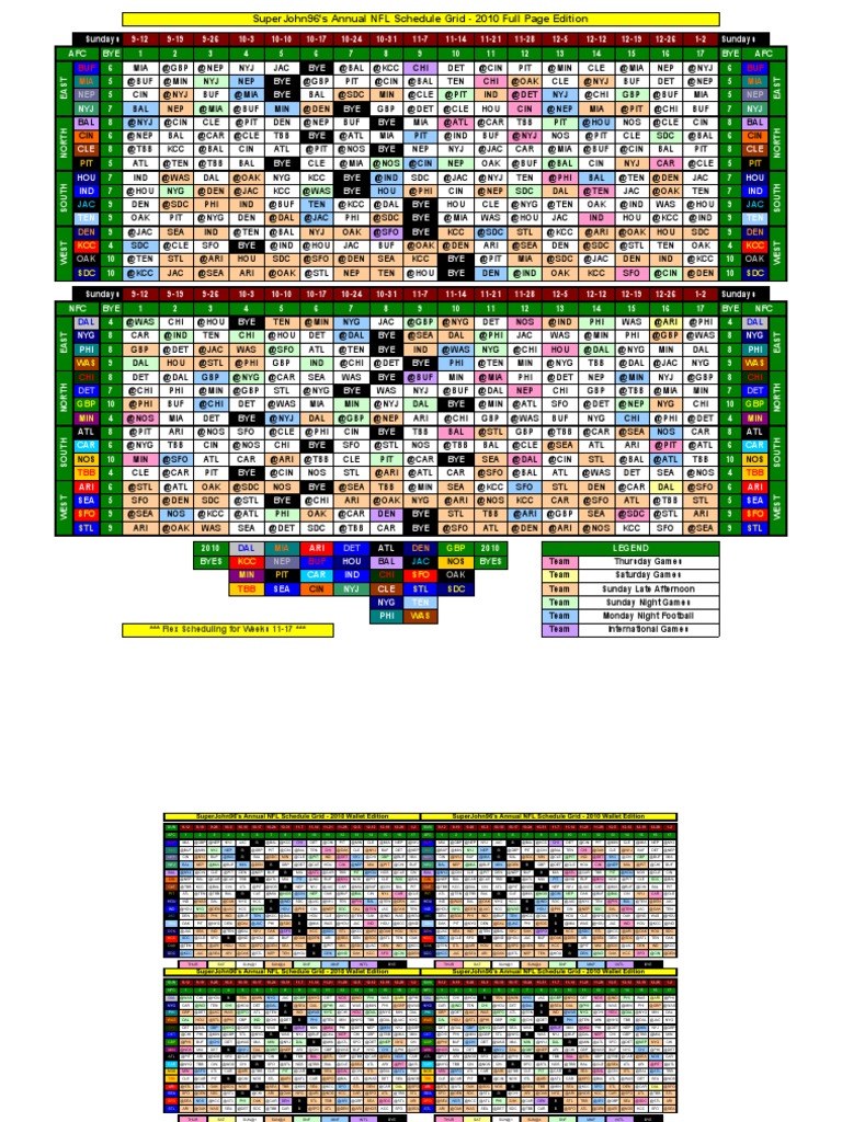2010 NFL Schedule Grid Printable | PDF | Gridiron Football | American ...