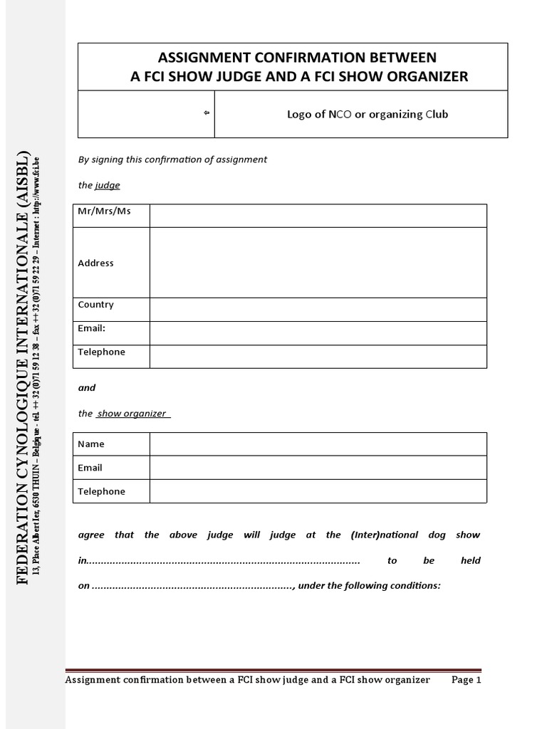Assignment Confirmation Between A Fci Show Judge and A Fci Show ...