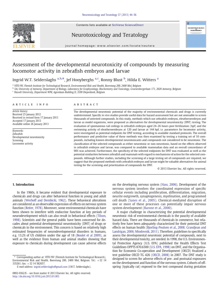 Neurotoxicology and Teratology: Ingrid W.T. Selderslaghs, Jef ...