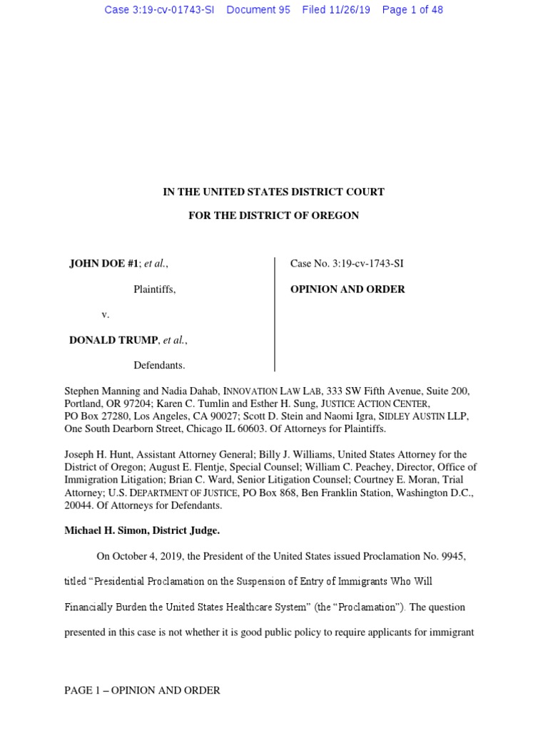 Doe v. Trump Preliminary Injunction Against Proclamation Requiring ...