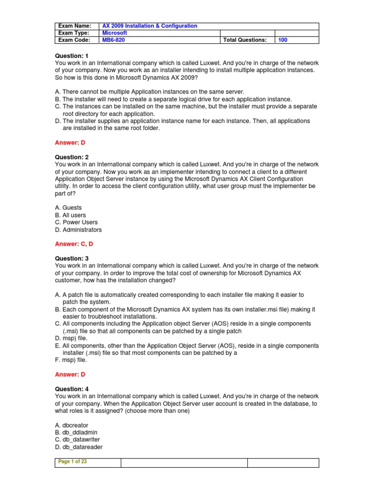 Answer: D: Exam Name: Exam Type: Exam Code: Total Questions | PDF ...