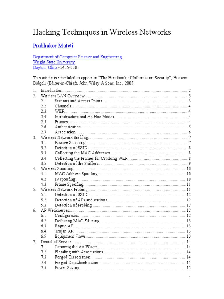 Hacking Techniques in Wireless Networks: Prabhaker Mateti | PDF | Wireless Lan | Computer Network