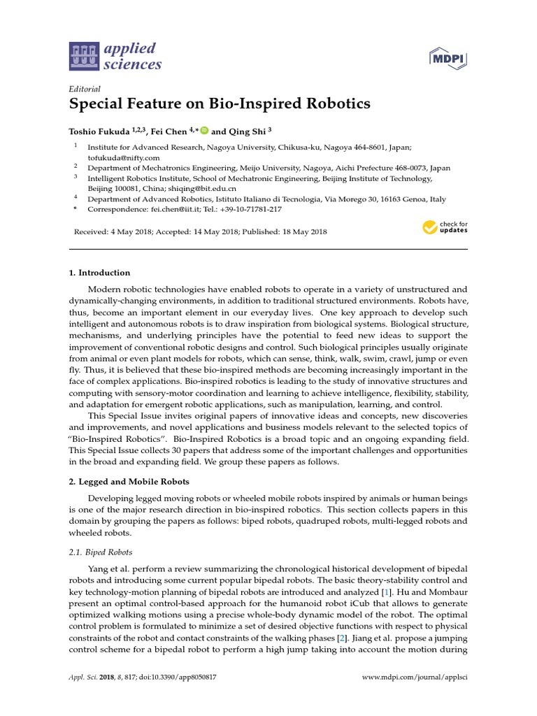 Applied Sciences: Special Feature On Bio-Inspired Robotics | PDF ...