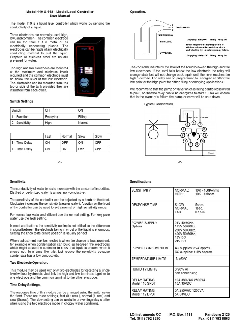 Model 110 & 112 - Liquid Level Controller User Manual: Operation | PDF