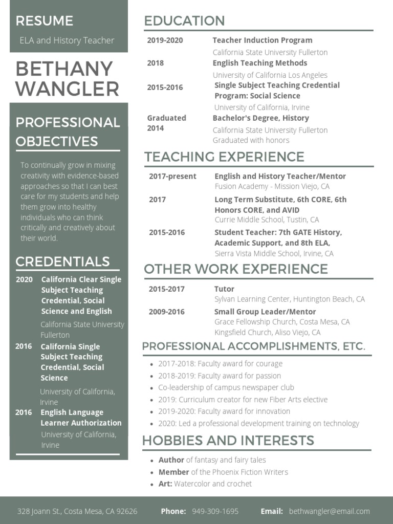 Bethany Wangler: ELA & History Teacher Resume | PDF | Teachers ...