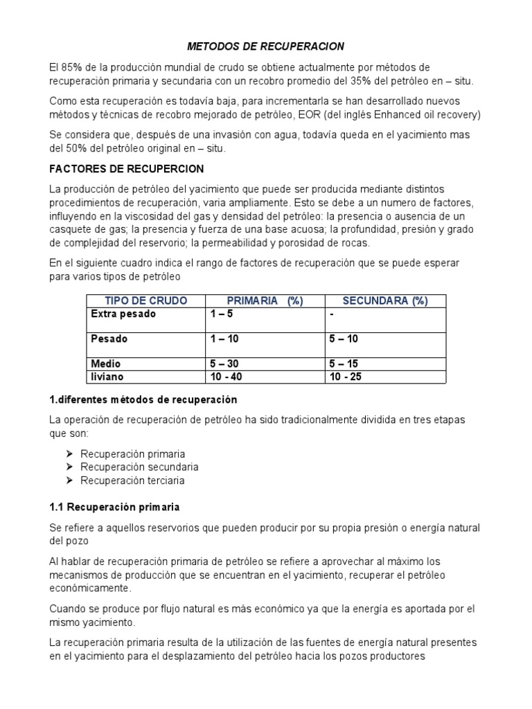 Metodos de Recuperacion | PDF | Depósito de petróleo | Petróleo