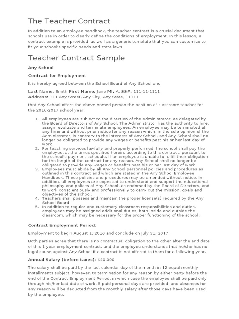 The Teacher Contract | PDF | Employment | Breach Of Contract