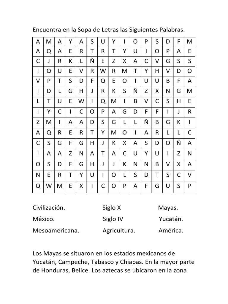 Sopa de Letras sobre la Cultura Maya | PDF | Civilización maya ...