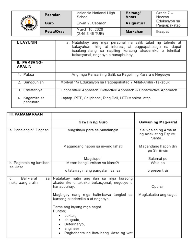 G7 Detailed Lesson Plan M15 March 10 | PDF