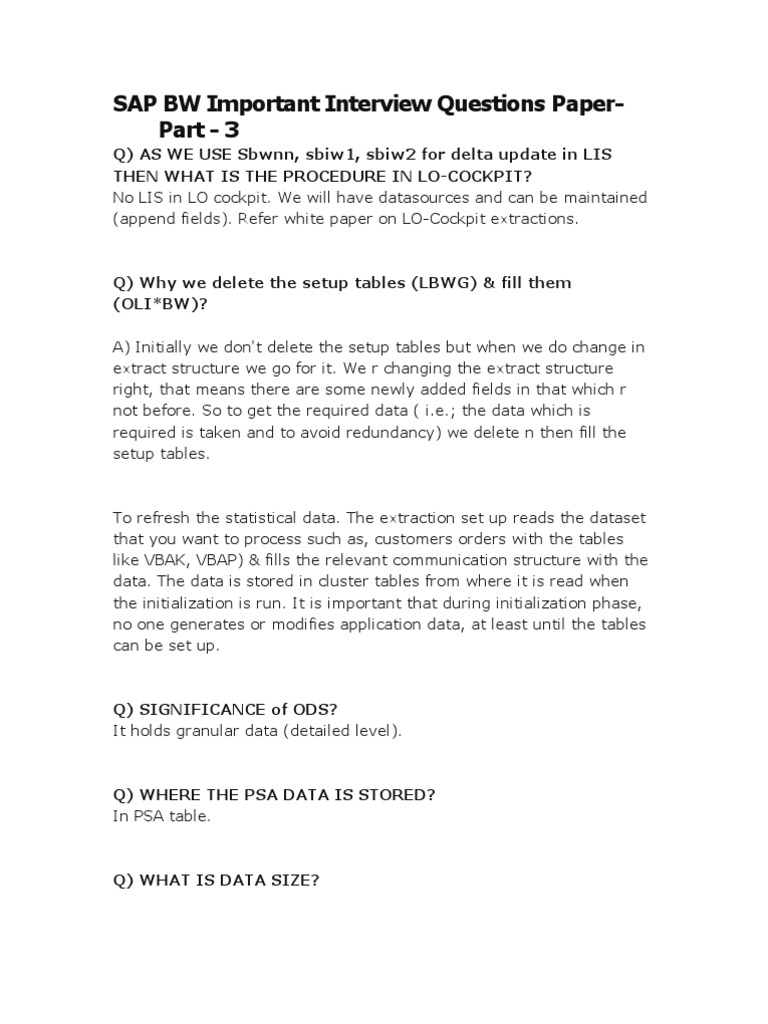 SAP BW Important Interview Questions Paper | PDF | Subroutine | Database Index