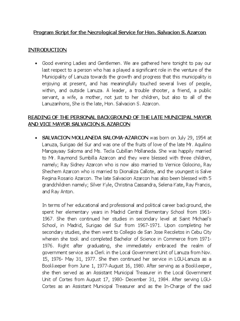 Program Script For The Necrological Service For The Hon | PDF | Local ...