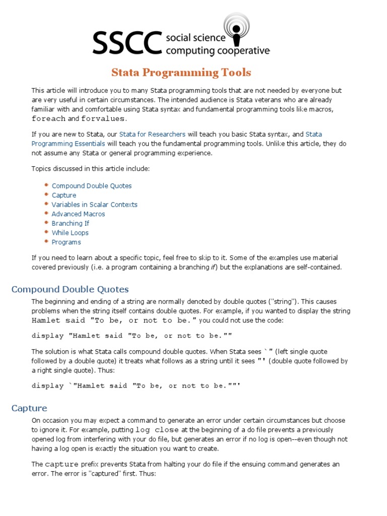 Stata Programming Tools | PDF | Variable (Computer Science) | Control Flow