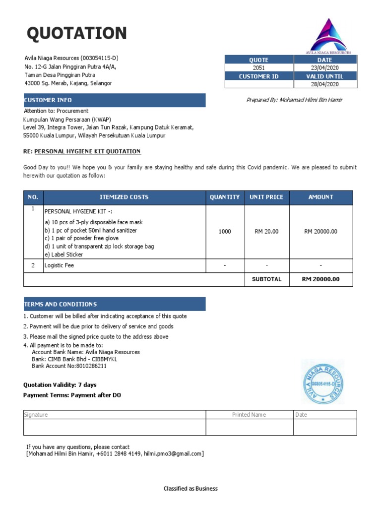 Personal Hygiene Kit Quotation | PDF