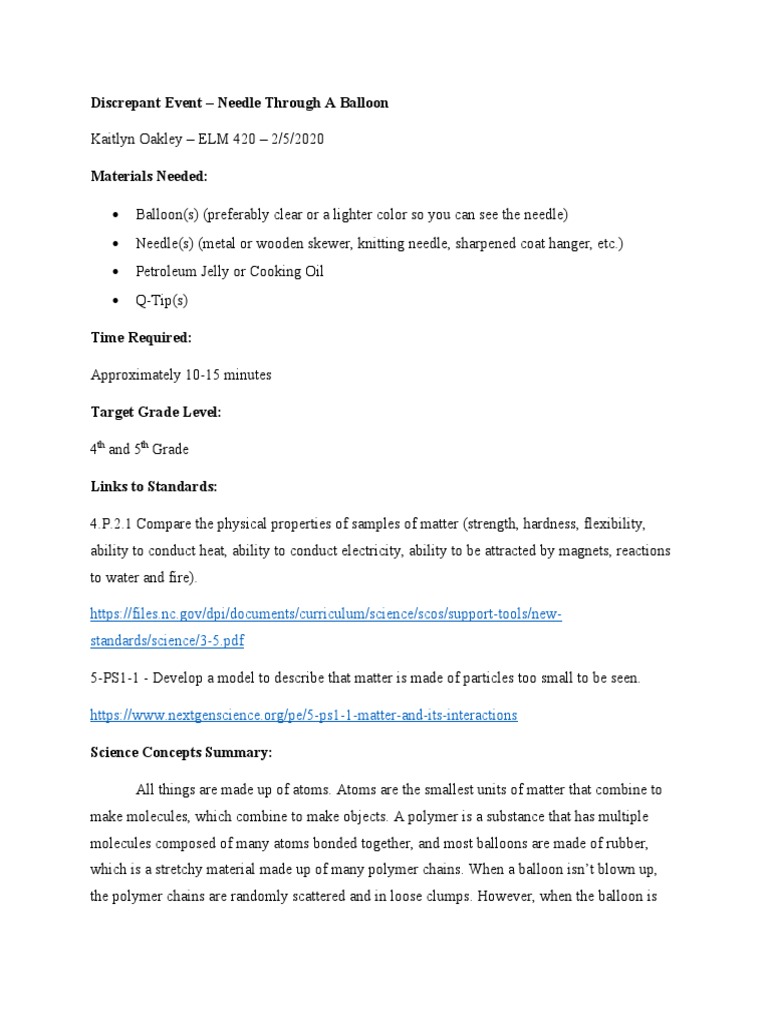 Discrepant Event - Needle Through A Balloon: Standards/science/3-5 PDF ...
