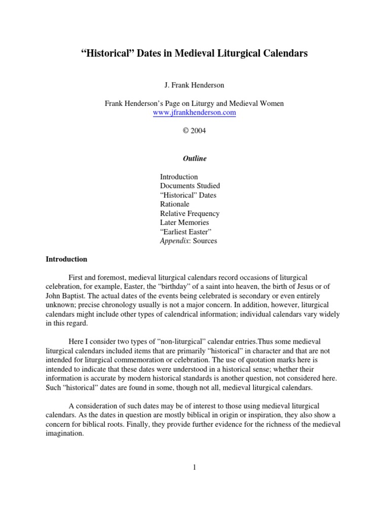 "Historical" Dates in Medieval Liturgical Calendars: Outline | PDF ...