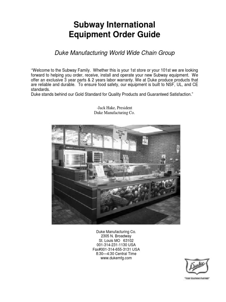 Subway International Equipment Order Guide: Duke Manufacturing World ...