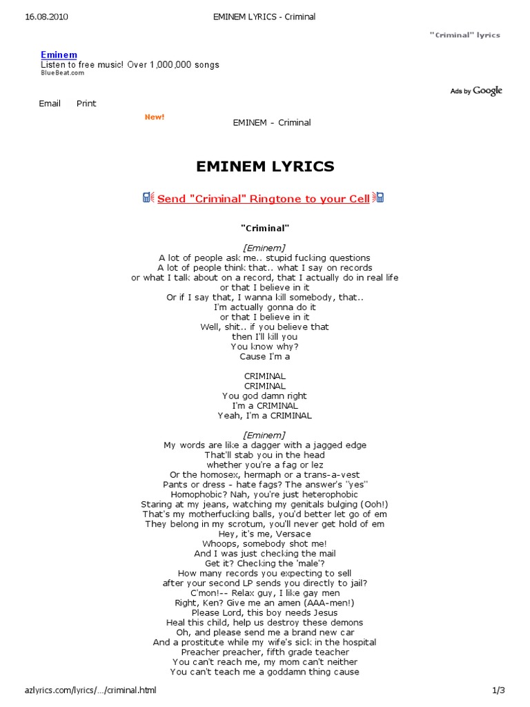 EMINEM LYRICS - Criminal | PDF | Entertainment (General)