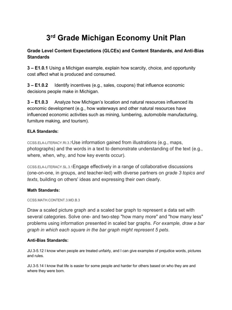 3rd Grade Michigan Economy Unit Plan | PDF | Economics | Community