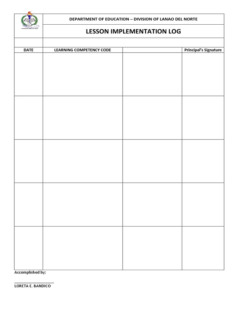 Lesson Implementation Log: Department of Education - Division of Lanao ...