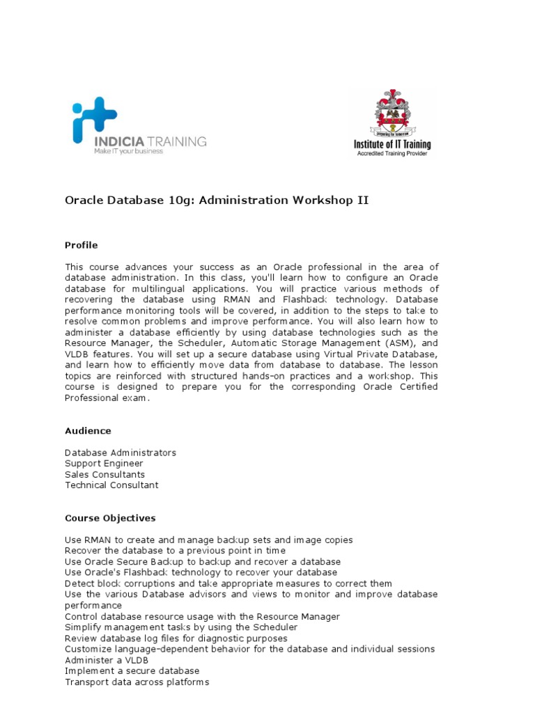 Oracle Database 10g Administration Workshop Ii Pdf Backup Databases