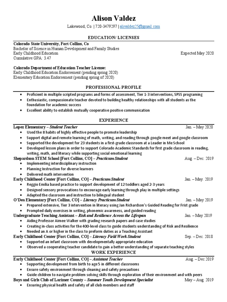 Valdez Alison Resume 2020 PDF | PDF | Early Childhood Education | Literacy