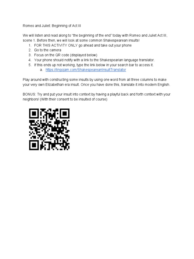 Shakespearean Insult Creation Activity | PDF
