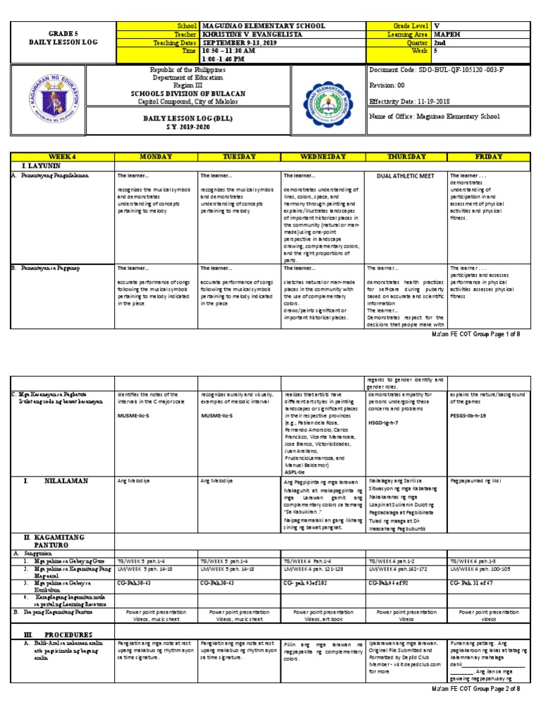 DLL-FORMAT-for 5-MAPEH 5 - Q2 - W5 | PDF