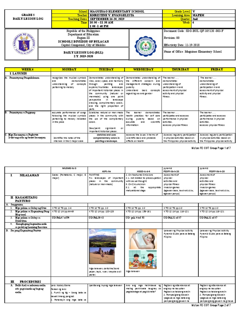 DLL-FORMAT-for-5-MAPEH 5 - Q2 - W6 | PDF | Differentiated Instruction | Learning