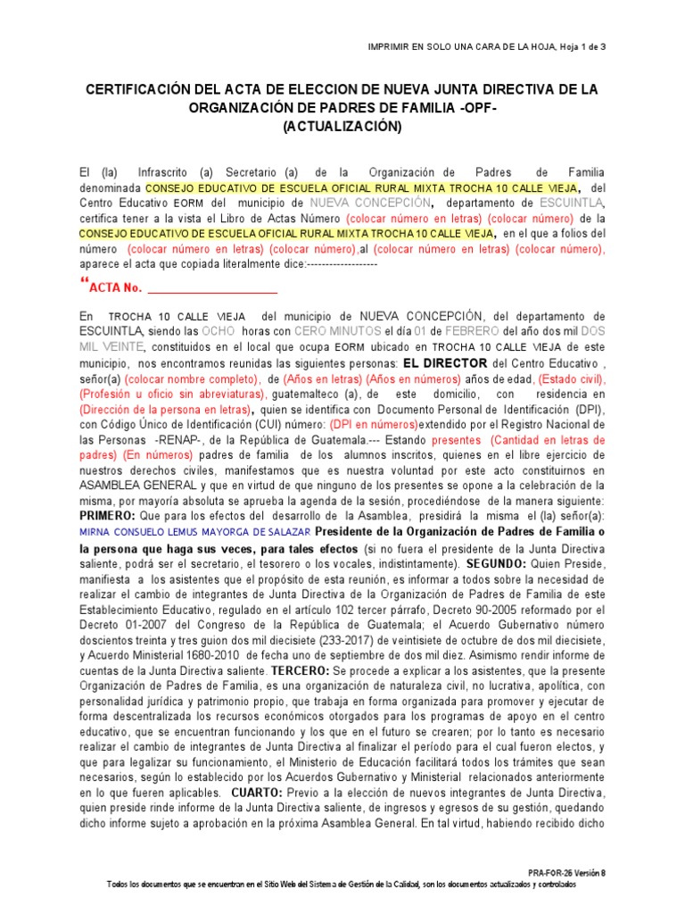 Pra-For-26 Certificacion Nueva Junta | PDF | Junta Directiva | Guatemala