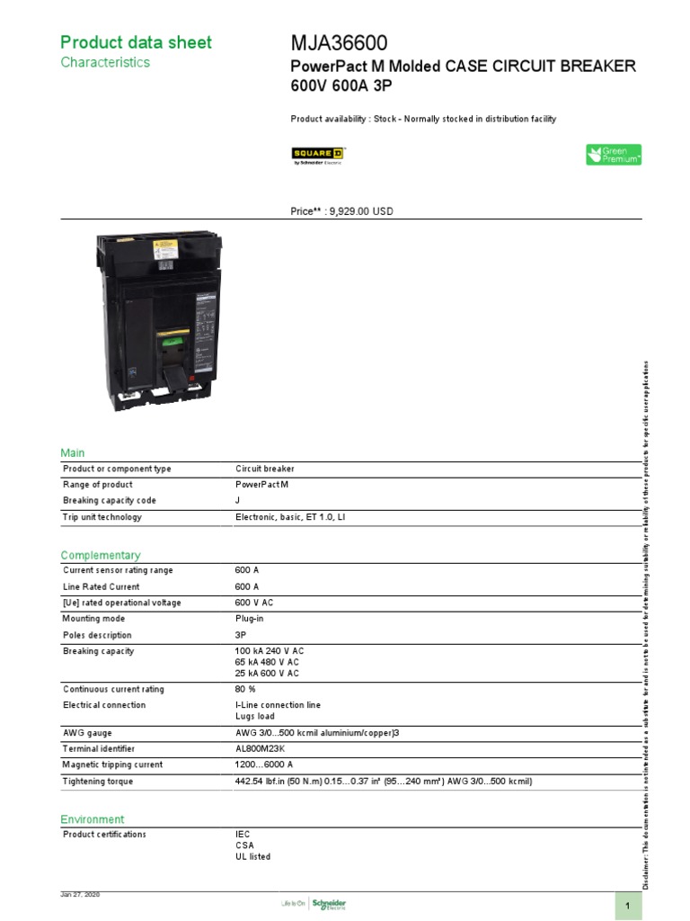 PowerPact M-Frame Molded Case Circuit Breakers - MJA36600 | PDF ...