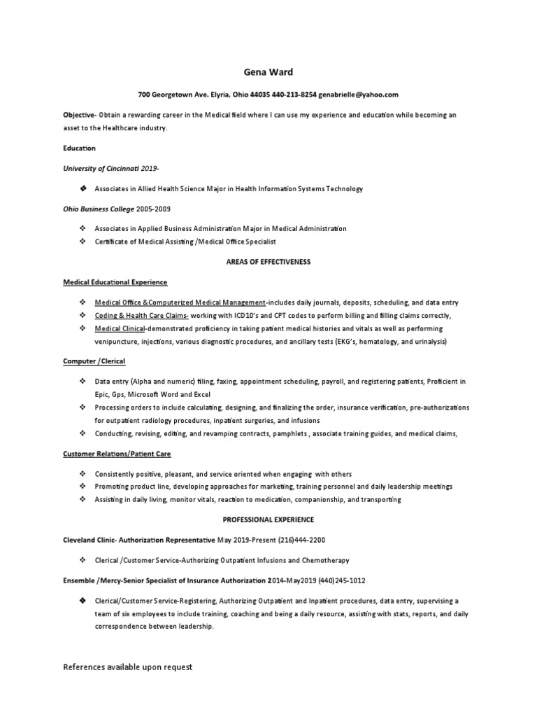 Gena Ward Resume 2019 1 | PDF | Patient | Health Informatics