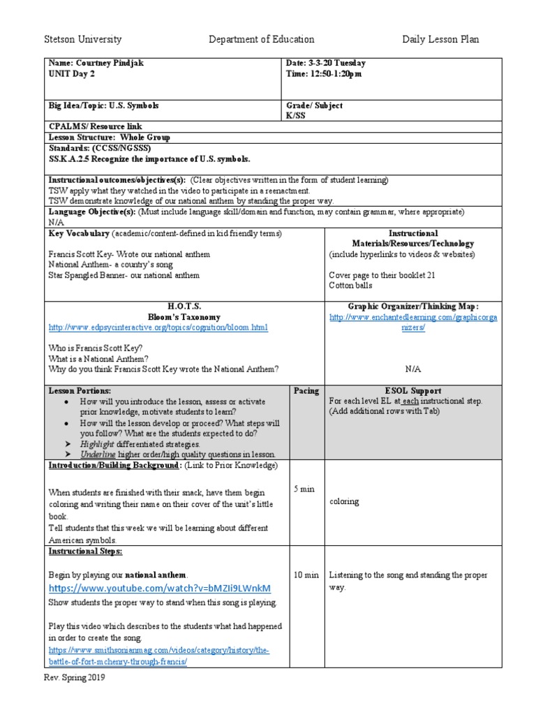 Stetson University Department of Education Daily Lesson Plan | PDF ...