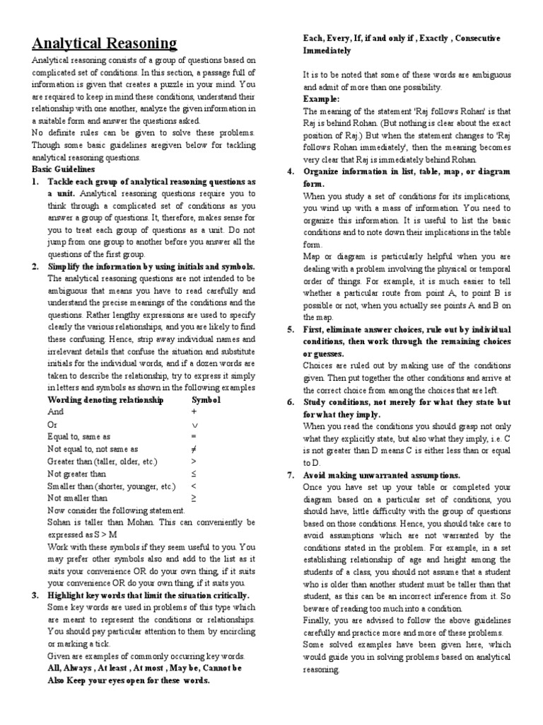 Analytical Reasoning Guidelines and Examples | PDF | Reason | Symbols