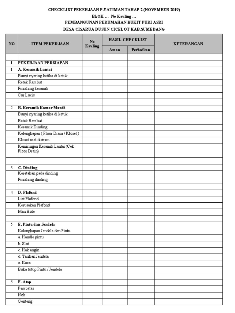 Checklist Pekerjaan Proyek Perumahan | PDF
