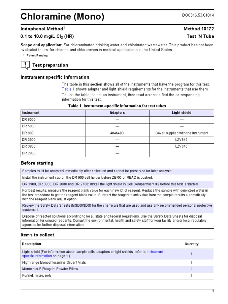 Chloramine (Mono) : Indophenol Method Method 10172 0.1 To 10.0 MG/L CL ...