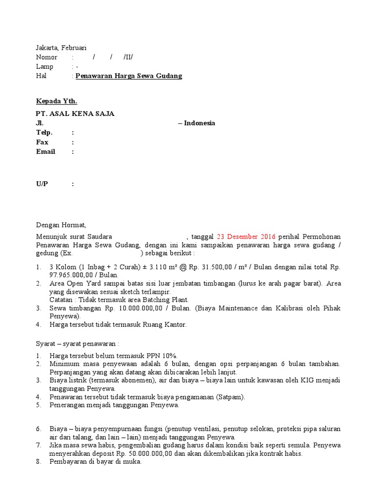 Contoh Surat Penawaran Gudang | PDF