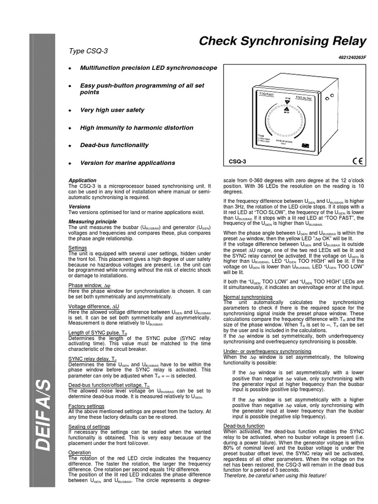 Check Synchronising Relay: Type CSQ-3 | PDF | Phase (Waves) | Relay