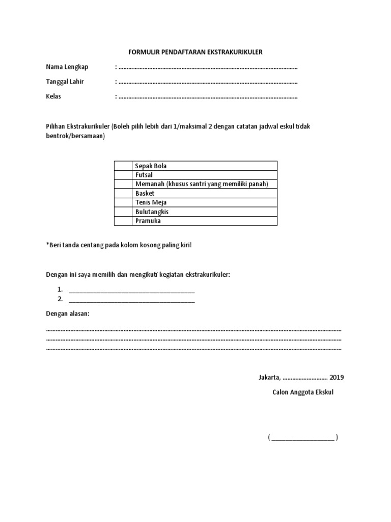 Contoh Formulir Pendaftaran Ekskul | PDF