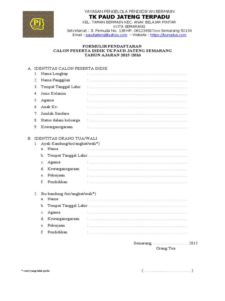 Contoh Formulir Pendaftaran TK PAUD | PDF